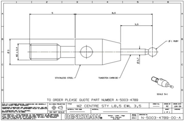 M2 Ø1 mm ruby ball star stylus center, tungsten carbide stem, L 8.5 mm ...